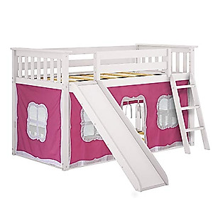 Max & Lily Low Bunk Bed with Slide, Twin-Over-Twin Bed Frame For Kids With Curtains For Bottom, White/Pink