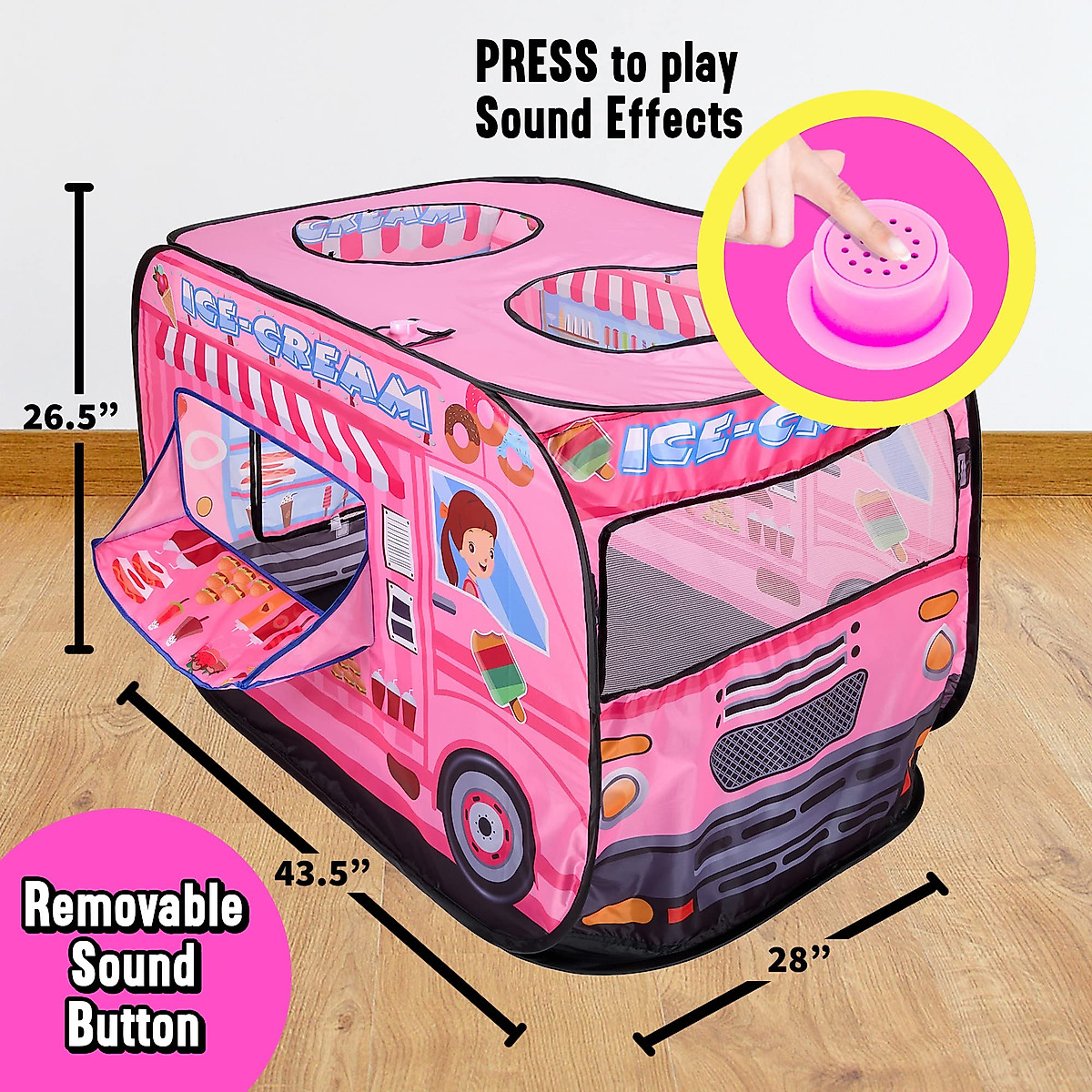 Playbees Musical Ice Cream Truck Pop Up Play Tent with 3 Openings - Tent for Toddlers - Indoor & Outdoor - Pop Up Tents for Kids - Includes Carry Bag and Sound Button- 43.5x28x26.5 Inch