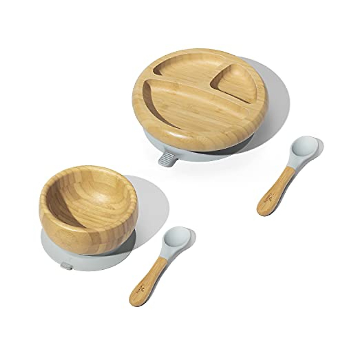 Avanchy Bamboo Baby Divided Plate, Bowl & Spoons Set - Baby Cutlery - Bamboo Kids Bowl - BPA Free Bowl - Bamboo Kids Utensils - Bamboo Kids Bowl (Gray)