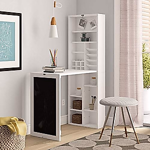Utopia Alley Collapsible Fold Down Desk Table with Storage Cabinet & Bottom Shelves - with Chalkboard Wall -White