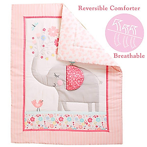 Brandream Jungle Elephant Crib Bedding Set for Girls Butterfly Birds Floral Baby Nursery Bedding Sets,3 Pieces - Blush Pink and Gray