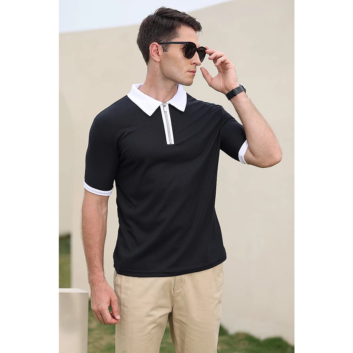 Rela Bota Men's Short Sleeve Polo Shirts Fashion Zipper Polos Casual Slim Fit T-Shirt Black with White 2XL