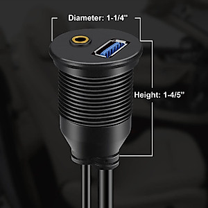 BATIGE USB 3.0 & 3.5mm Car Mount Flush Cable 3.5mm + USB3.0 AUX Extension Dash Panel Waterproof Mount Cable for Car Boat and Motorcycle - 6ft