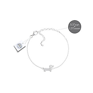 Vivid&Keith Womens Girls 925 Real Sterling Silver 18K Plated Swarovski Zirconia Cute Animal Dog Gift Fashion Jewelry Link Chain Charm Pendant Bangle Bracelet, Dachshund, White Gold Plated