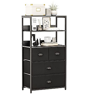 Furologee Black Vertical 4 Drawer Dresser Organizer with 3-Tiers Wood Shelf and Dresser 8 Drawers with Double Shelf Storage Organizer Unit for Bedroom/Living Room/Entryway