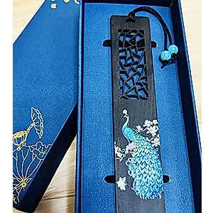 KAIY Handmade Wooden Bookmark Gift Box, Natural Hard Wood Bookmark Peacock Hollowed Out Pattern Color Drawing Bookmark with Tassel, Birthday Gifts for Women Men Teachers Girls Mom Lady Book Lover
