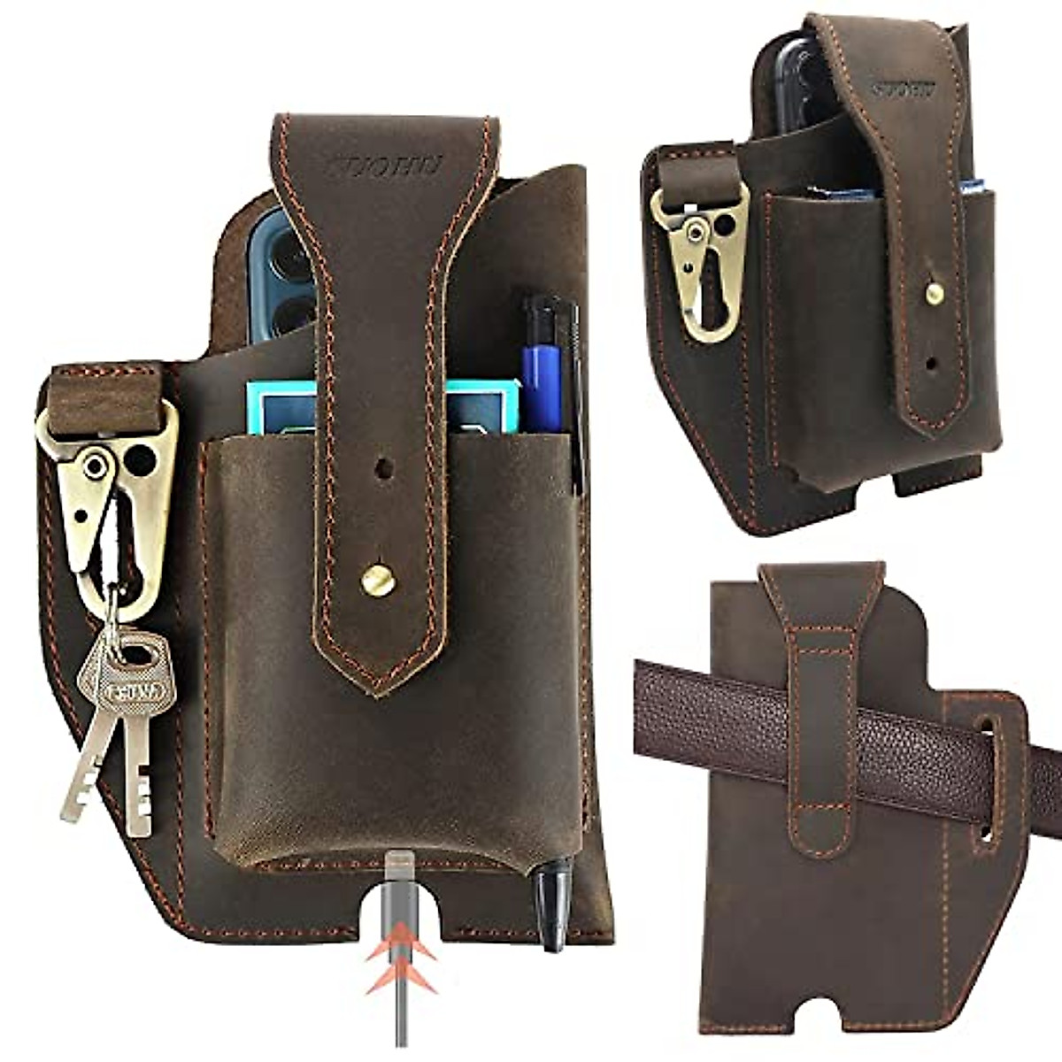 SUOHU Leather Phone Holster with Belt Clip, Leather Cell Phone Holder for Belt, Leather Belt Phone Pouch, Universal Leather Phone Case on Belt, Tactical Leather Phone Belt Bag for iPhone (Dark Brown)