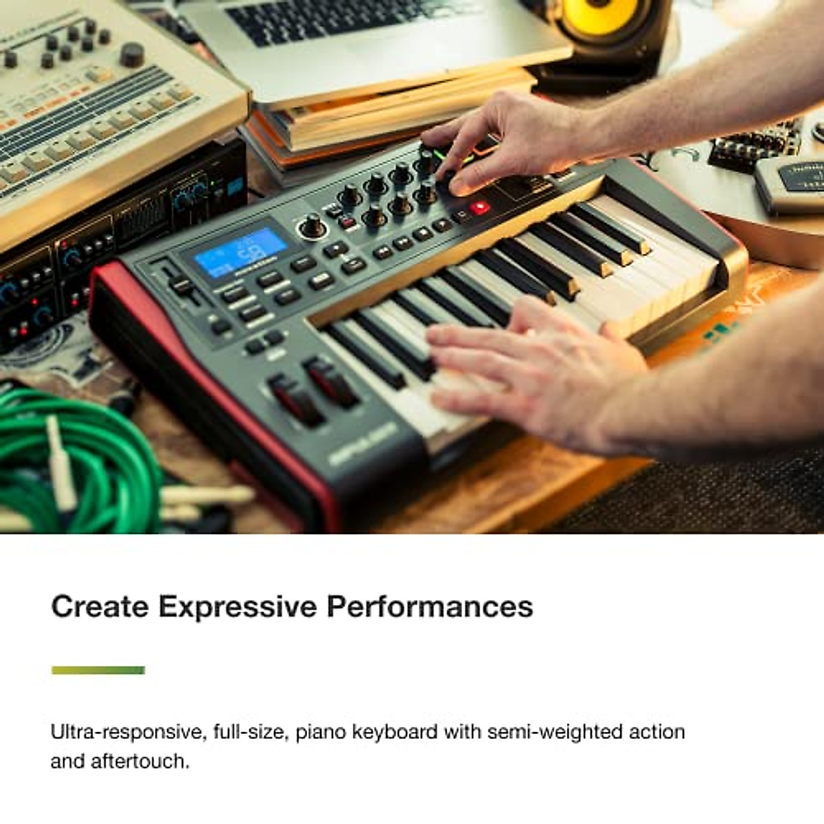 Novation Impulse 61 Keys USB bus-powered MIDI Controller Keyboard – Robust, ultra-responsive, full-size piano keyboard with aftertouch and velocity-sensitive pads – works on Mac or Windows