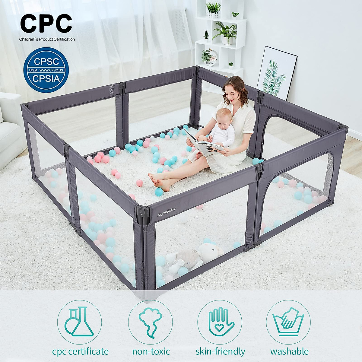 Doradotey Baby Playpen, Shape Adjustable Large & Small Baby Playard for Babies and Toddlers, Foldable Playpen Baby Fence Indoors Play Center Yards, Breathable Mesh Anti-Fall Play Pens(71x79 Deep Grey)