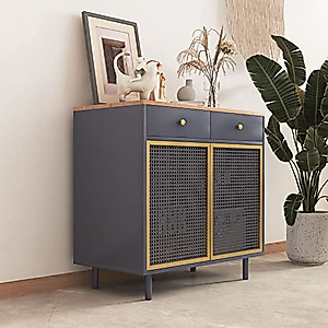 ORRD Modern Buffet Sideboard Cabinet, Iron Rattan Kitchen Accent Storage Cabinet Console Television Table with 2 Doors and 2 Drawers, Buffet Cabinet Accent Cabinet for Living Room Bedroom (Blue)