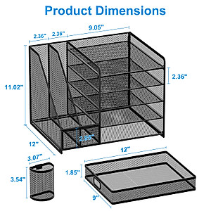 Lavatino Desk Organizer with File Holder, 5-Tier Paper Letter Tray Organizer with Sliding Drawer and 2 Pen Holder, Mesh Desktop File Organizer for Office Supplies (Black)