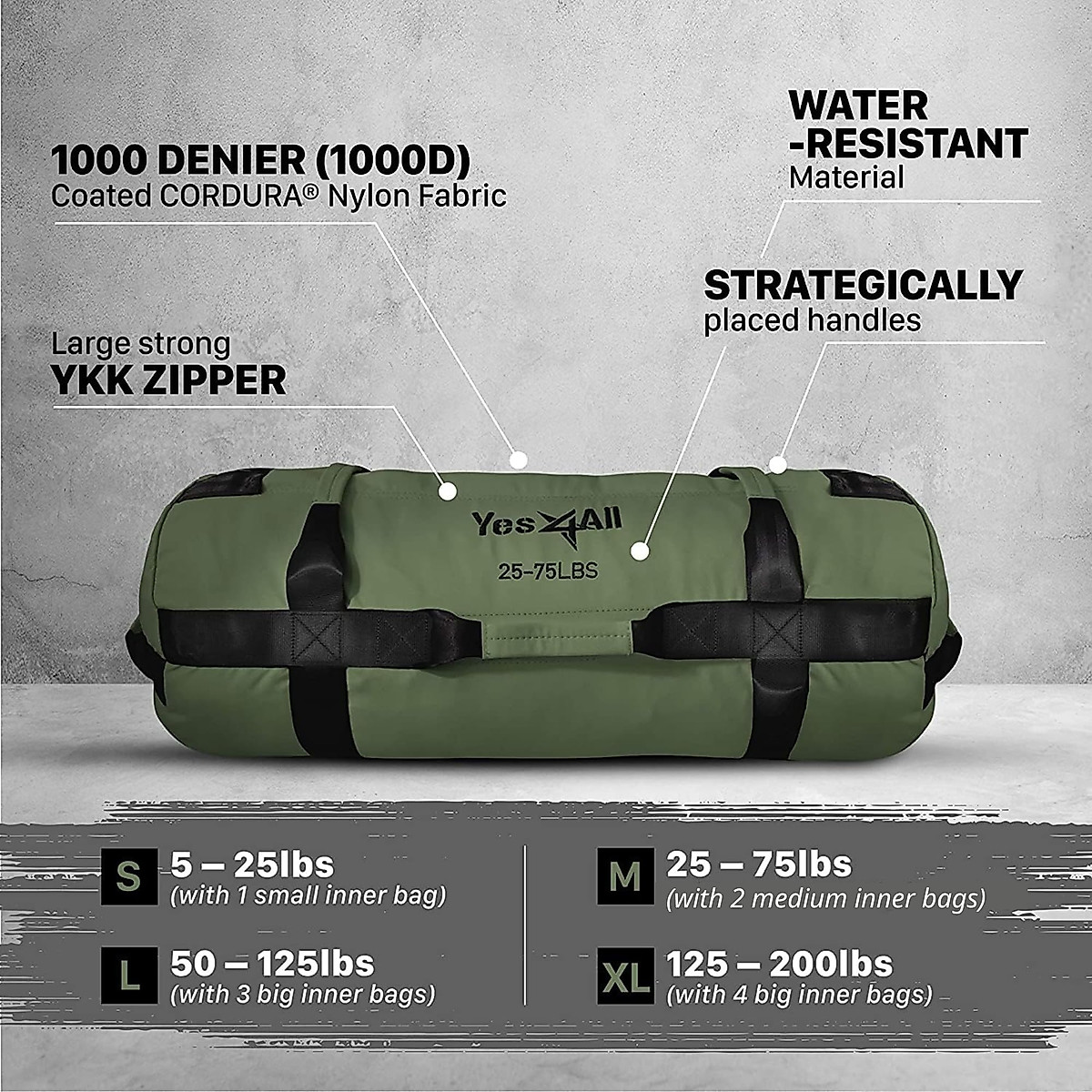 Yes4All Workout Sandbags, Heavy Duty Sandbags - Army Green - M