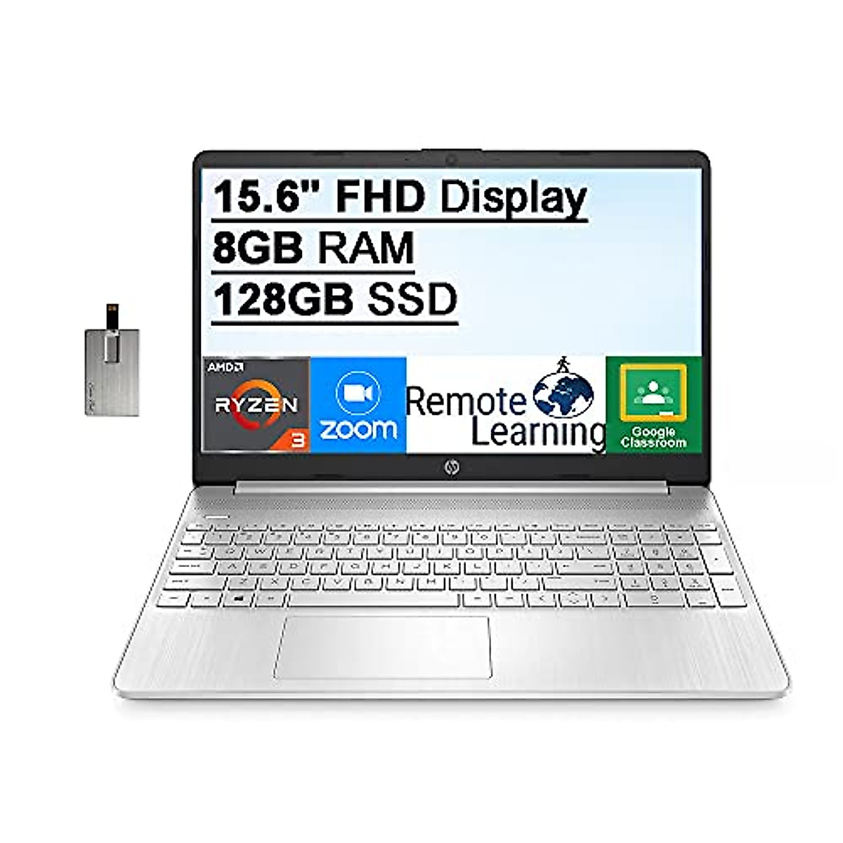 2021 HP 15.6inch FHD Display Laptop puter, AMD Ryzen 3-3250U Processor, 8GB DDR4 RAM, 128GB SSD, Radeon Graphics, HD Webcam, HDMI, Win 10S, Silver, 32GB SnowBell USB Card Natural Silver RAM | SSD
