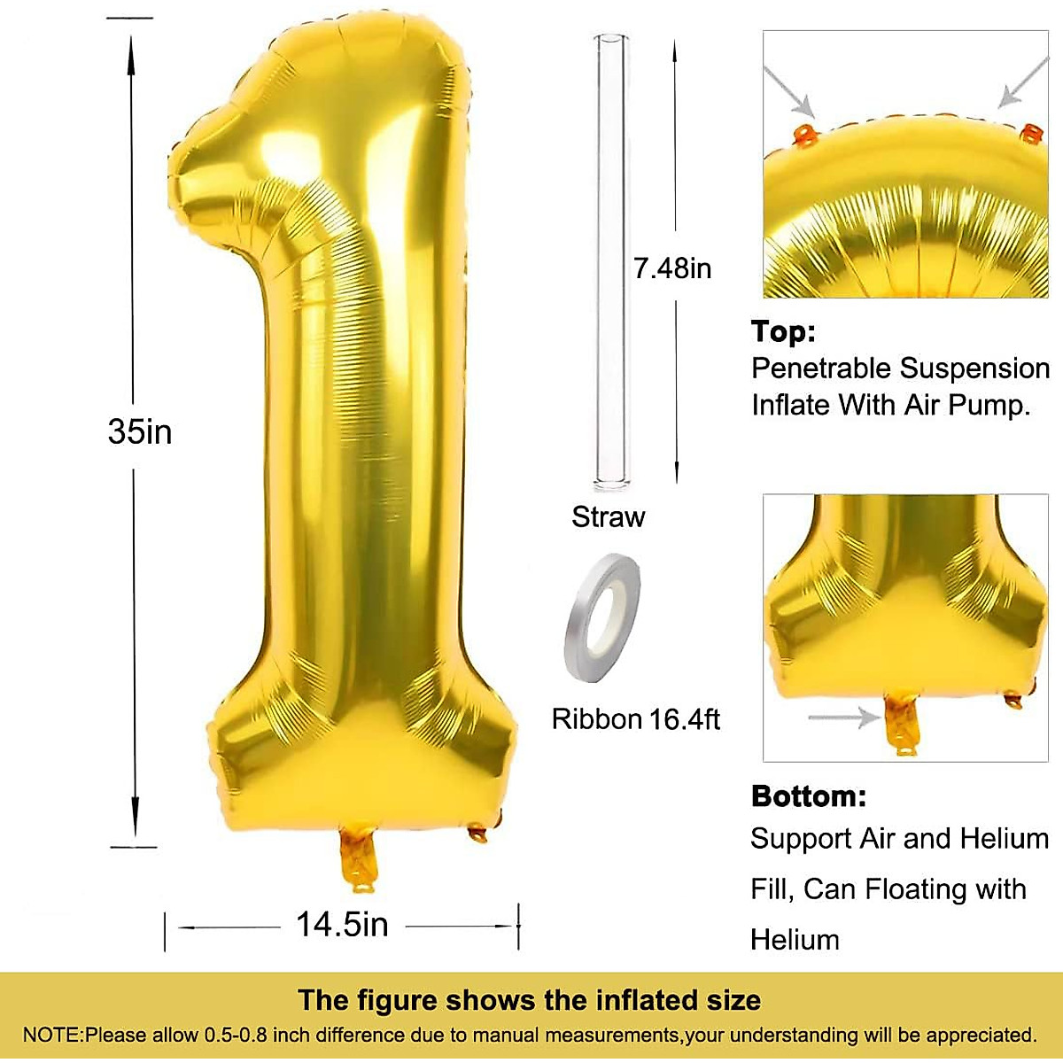 Gold One Balloons for First Birthday, 40 Inch Big Large Giant Number One Gold Balloon and Script Letter One Banner, One Party Decorations, First Birthday Decorations for Boy or Girl