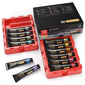 ARTEZA Metallic Gouache Paint, Set of 12, 12ml/0.4 US fl oz Gouache Paint Tubes, Glitter Paint for Canvas and Paper