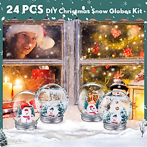 Jerify 24 Sets 3.6 Inch Christmas Clear Plastic Snow Globes Kit Snow Globe Water Globe with Christmas Tree Faux Snow Flakes Snowman Screw Off Cap for DIY Snow Globes Home Decoration Crafts