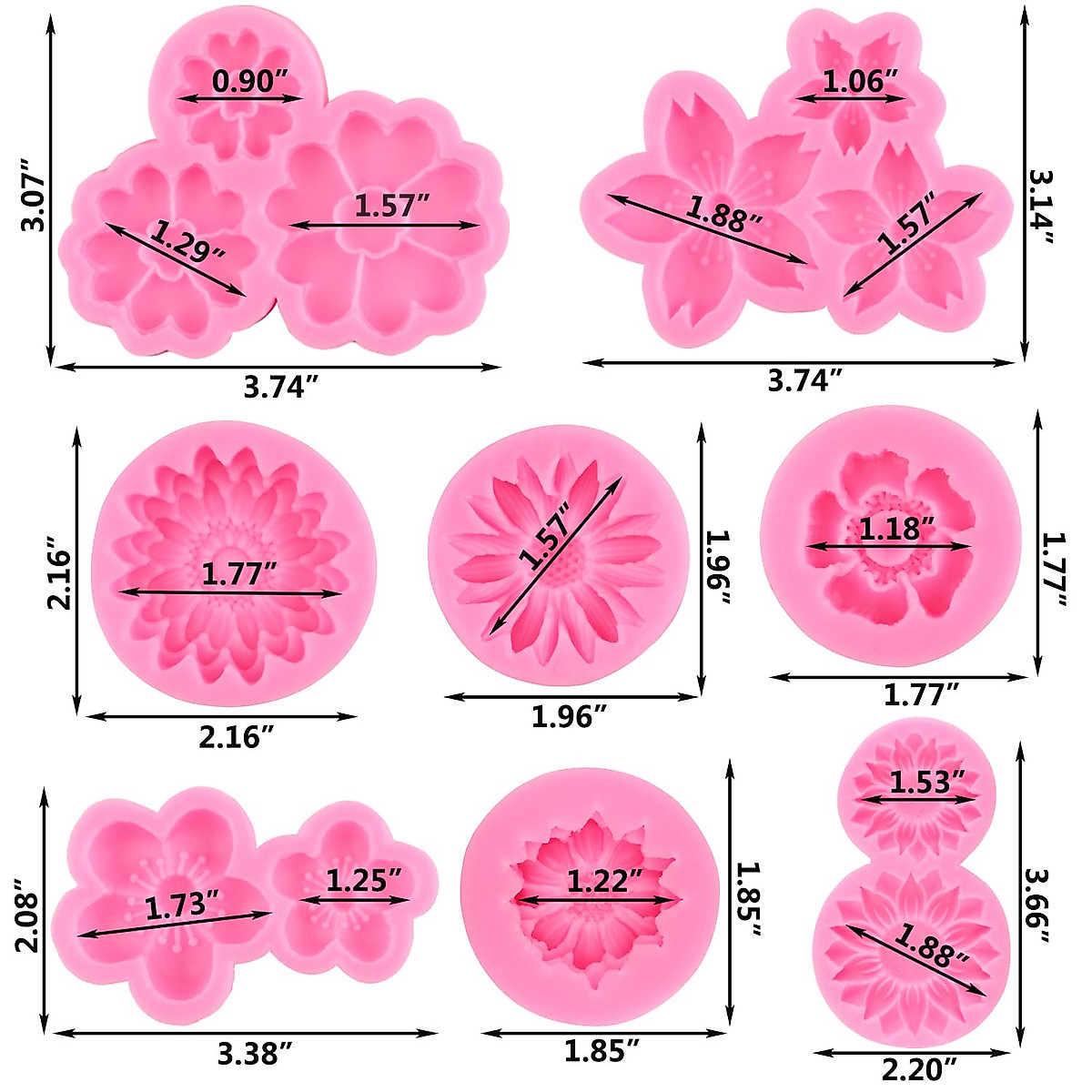 RFGHAC Chrysanthemum Flower Silicone Molds Sunflower Fondant Molds Cherry Blossoms Plum Blossoms Molds For Cake Decorating Cupcake Topper Candy Chocolate Gum Paste Set Of 8