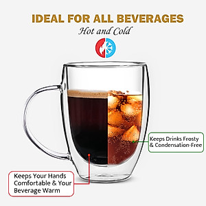 FULGNU Double Wall Glass Coffee Mugs, 12 Oz Clear Coffee Mugs with Handle, Insulated Glass Coffee Mugs Set of 2, Perfect for Espresso, Cappuccino, Latte, Americano, Tea Bag, Beverage