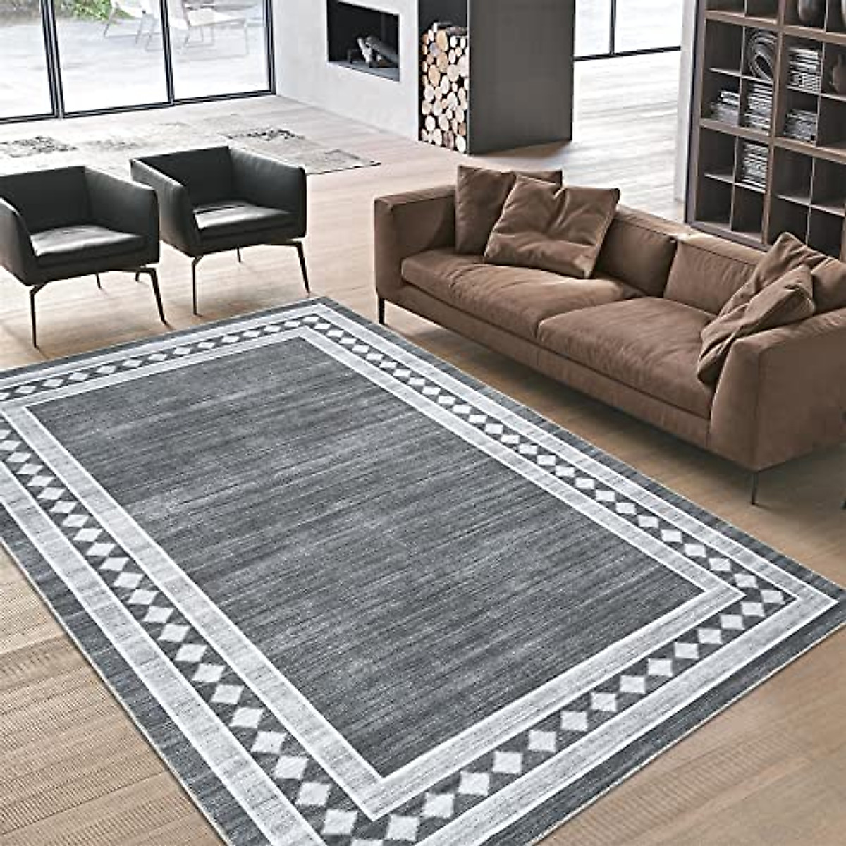 RUGSREAL Large Area Rug 9x12 Bordered Rug Indoor Outdoor Rug Solid Rug Soft Modern Geometric Boho Rug, Non-Slip Rugs for Living Room, Foldable Machine Washable Area Rug (9x12,Grey)