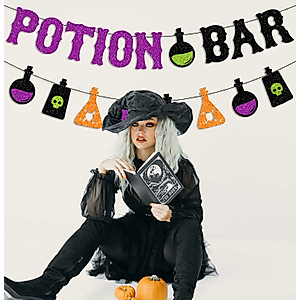 JOZON Glittery Potion Bar Banner with Potion Signs Halloween Hocus Pocus Witches Garland Banner Halloween Holiday Haunted House Party Decorations for Bar Mantle Fireplace Wall Party Supplies