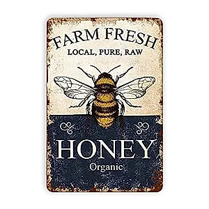 Farm Fresh Bee Honey Metal Tin Signs, Vintage Wall Decor Retro Art Tin Sign Funny Decorations for Home Bar Pub Cafe Farm Room Metal Poster 8x12 Inch