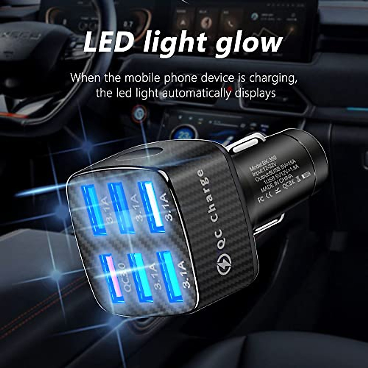 Car Charger Adapter,6 Ports USB QC3.0 Fast Car Charger QC3.0/3.1A,32V Upgraded Smart Shunt Car Phone Charger Compatible iPhone 14 13 12 Pro Max/All Smart Phones (Black)