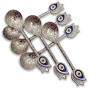 Kuchengerate 6pcs Evil Eye Beady Silver Casting Tea Coffee Stirring Teaspoons 12.7cm/5" inc Unique Nazar Design - a Different Product Dazzling - Suitable for Dessert Espresso Ice Cream - Best Gift Set