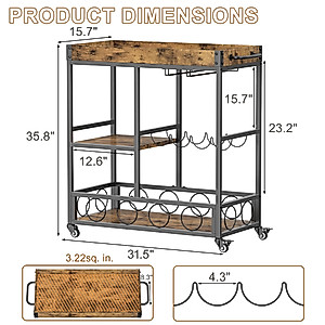 Furmax Bar Cart Home Bar Serving Cart with 3 Tiers, Rolling Bar Car with Large Storage Space & Lockable Wheels, Mobile Drink Cart with Removable Tray, Wine Rack, Glass Holder for Kitchen (Retro)