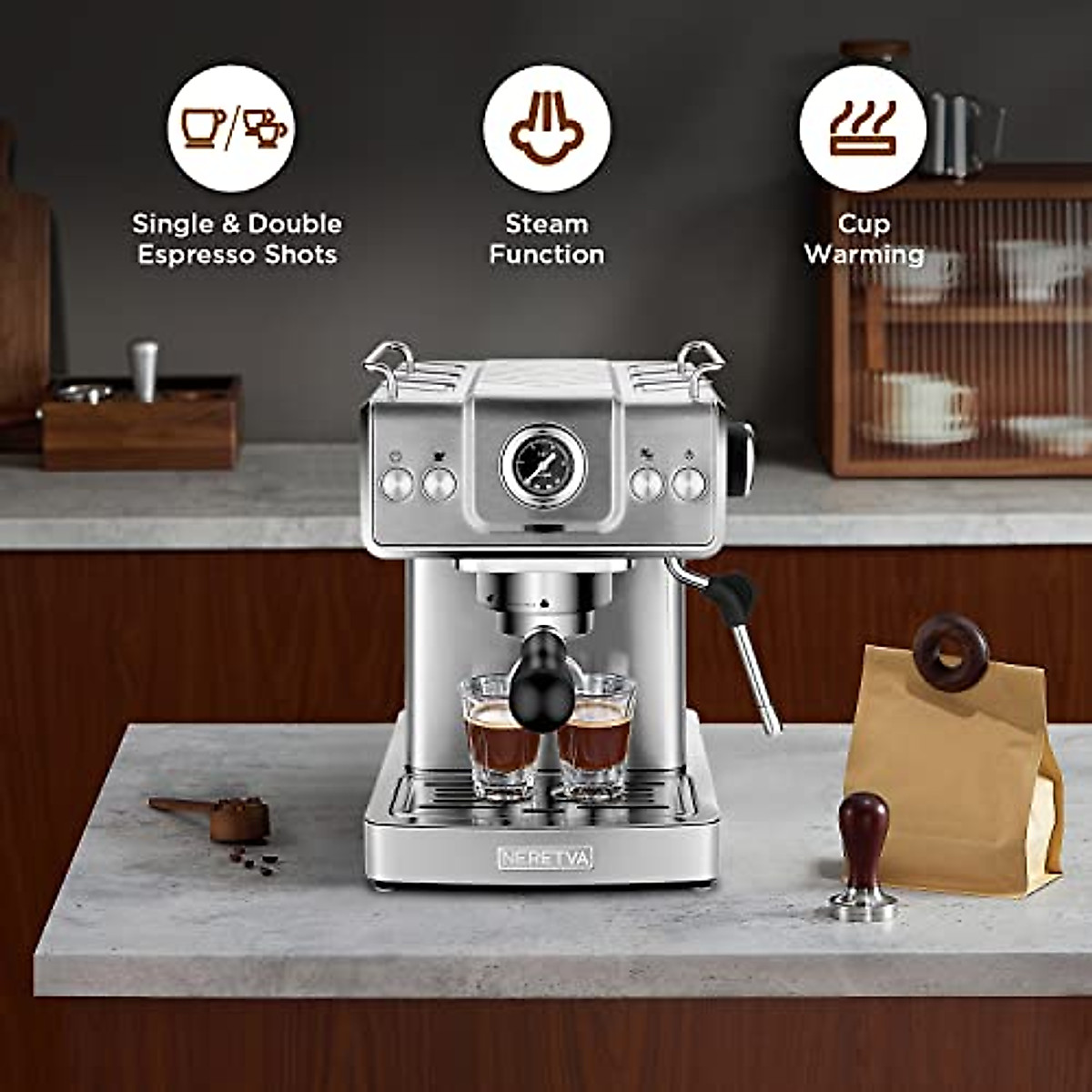 Neretva 20 Bar Espresso Machine, Expresso Coffee Machine With Milk Foaming Steam Wand, Espresso Latter and Cappuccino Maker, 1.8L Water Tank, For Home Barista