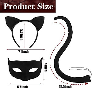 Halloween Black Cat Costume Set for Women, Cat Ear Headband Tail with Black Cat Mask Masquerade Halloween Cat Costume Accessory