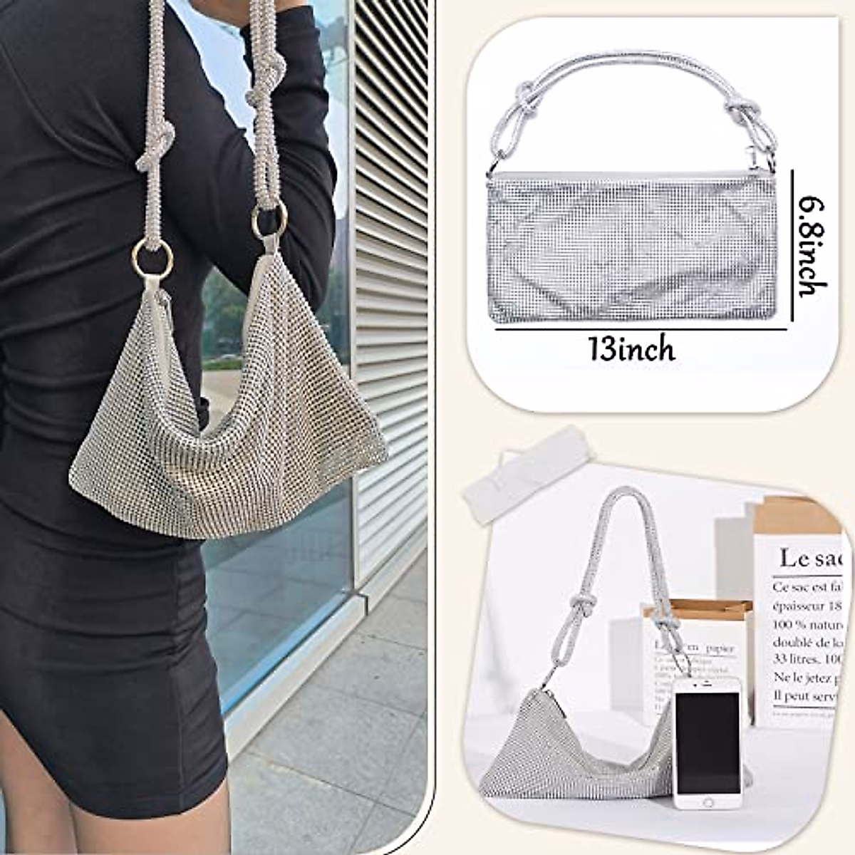 YUEARN Rhinestone Purse for Women, Sparkly Purse Evening Bag Bling Hobo Bag Shiny Silver Handbag for Clubs & Parties