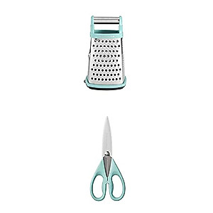 KitchenAid Gourmet 4-Sided Stainless Steel Box Grater with Detachable Storage Container, 10 inches t & KitchenAid All Purpose Shears with Protective Sheath, 8.72-Inch, Aqua Sky