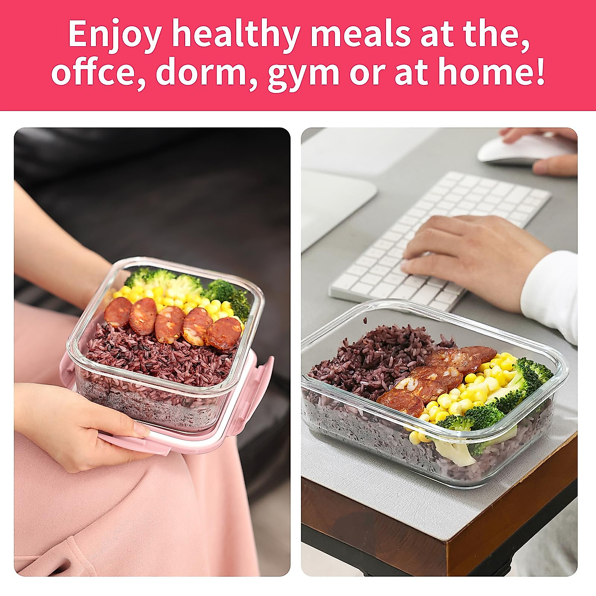 Ansukow Glass Food Storage Containers Set with Lids Meal Prep Containers Reusable for Dishwasher/Microwave/Oven/Freezer,10PCS(10 lids & 10 Containers)-PINK