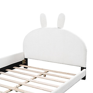 Full Size Upholstered Platform Bed with Cartoon Ears Shaped Headboard, for Kid's Bedroom Furniture