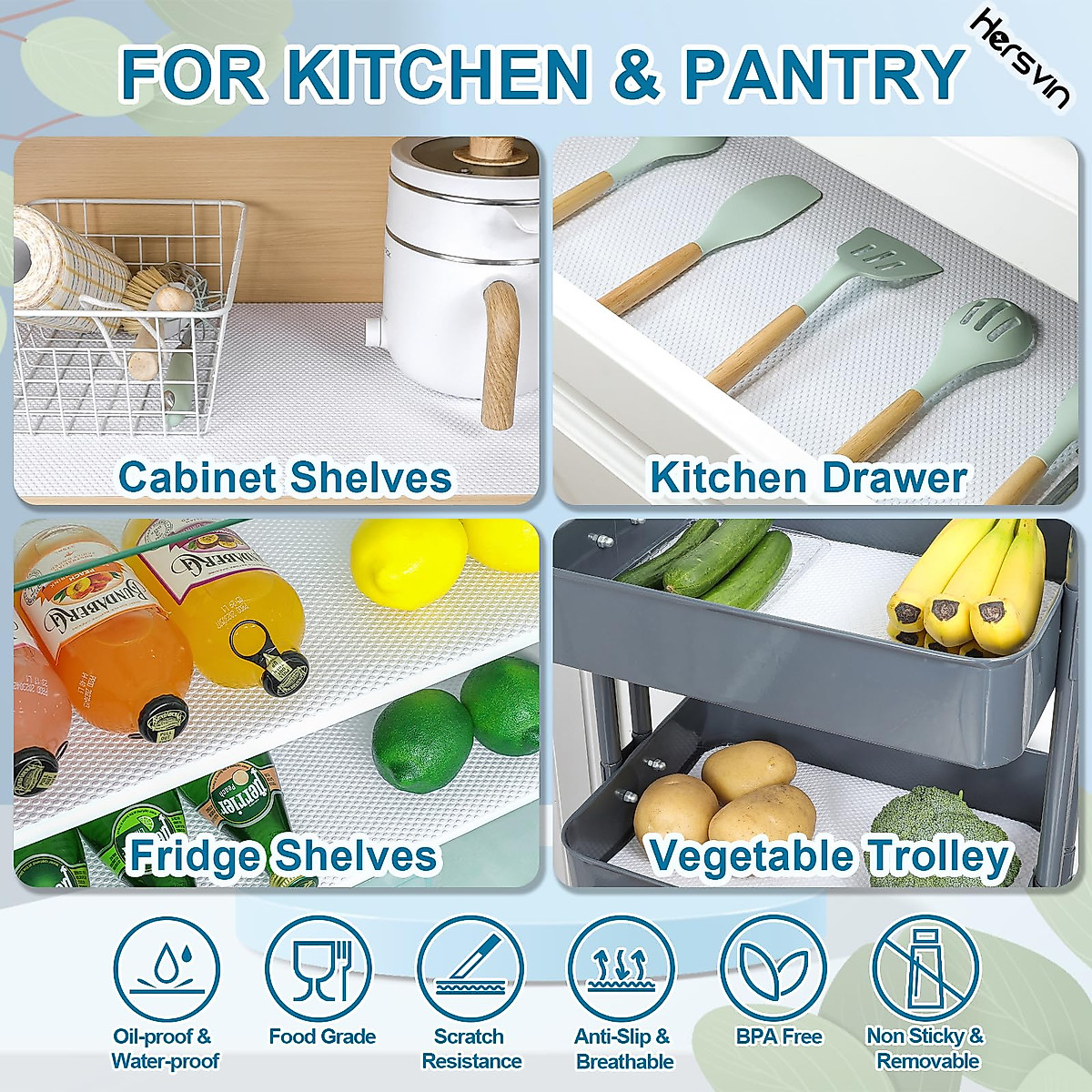 Hersvin Shelf Liners, 24 in x 20 ft Kitchen Drawer Mats, Non-Adhesive EVA Cupboard Protector, Cabinet Lining (White Dot)