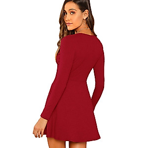Verdusa Women's Elegant Deep V Neck Ribbed Long Sleeve Short Skater Dress Red S