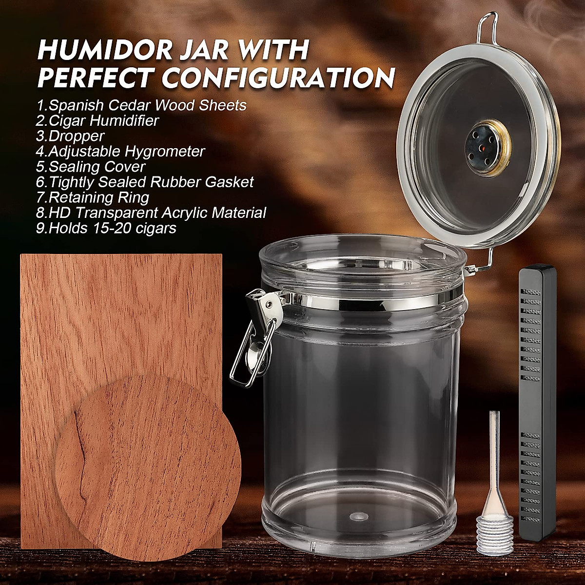 XIFEI Acrylic Humidor Jar with Humidifier and Hygrometer,humidor That can Hold About 18 Cigars (Clear)