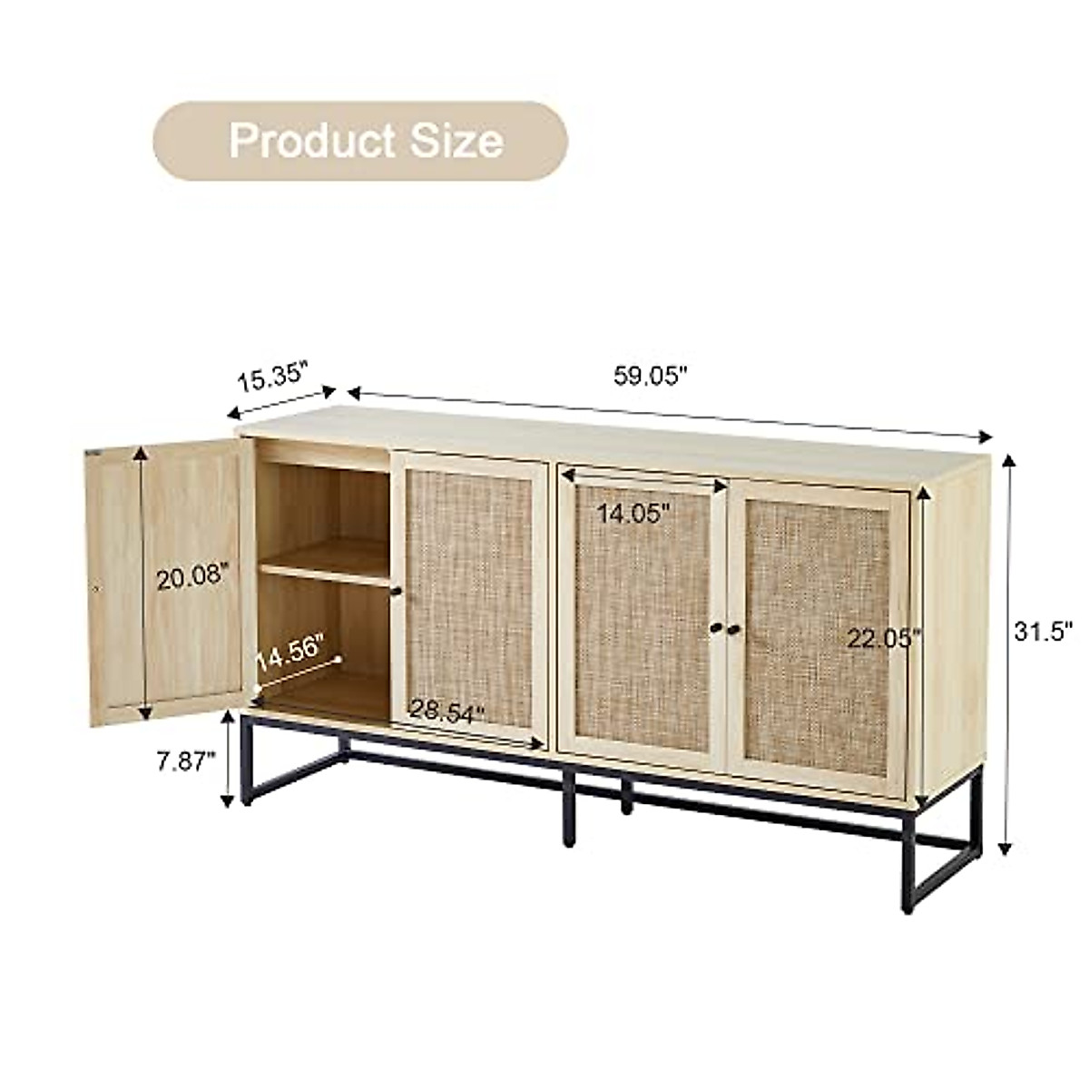 QEIUZON Modern Sideboard Cabinet, Accent Storage Cabinet with Rattan Doors and Adjustable Shelves, Freestanding Sideboard Storage Cabinet for Kitchen Dining Living Room Office (Natural)