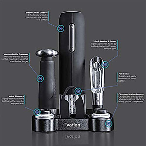 Ivation Wine Gift Set, Includes Electric Wine Bottle Opener, Wine Aerator, Vacuum Wine Preserver, 2 Bottle Stoppers, Foil Cutter & Charging Base