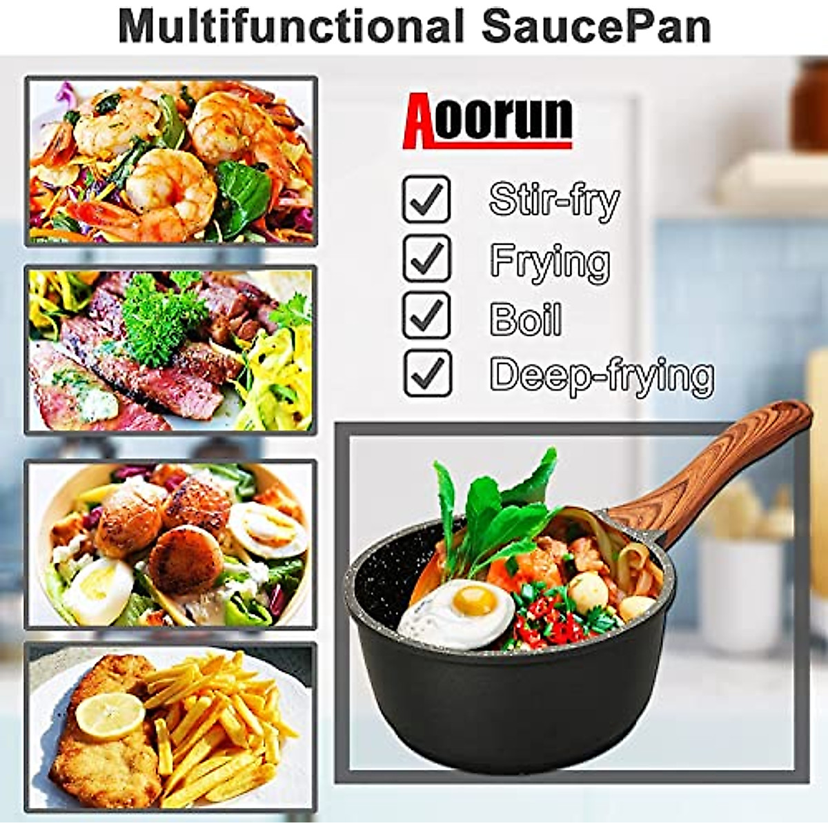 Aoorun Saucepan with Lid, 1.5 Quart Sauce Pan, Small Soup Pot, Nonstick Milk Pan with Granite Coating & Solid Wood Handle, Induction Compatible