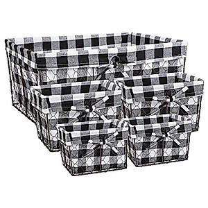 DII Farmhouse Chicken Wire Storage Baskets with Liner, Set of 5, Vintage Black Check, Assorted Sizes