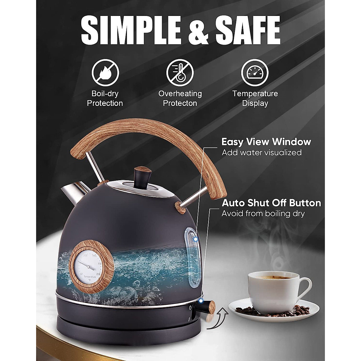 Electric Kettle, Talafa 1.7L / 1500W Electric Tea Kettles for Boiling Water, Stainless Steel Hot Water Boiler with Thermometer, Auto Shut-off & Boil-Dry Protection, Anti-scald Wood Handle, Black