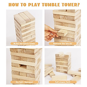 WOODENFUN Large Wooden Tumbling Tower Game, Stack to Over 18 in 57pcs Jumbo Yard Games Outdoor Timber Stacking Game Night Toy Gift for Kids Adults Family