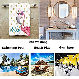 Pfrewn Hello Tropical Flamingo Hand Towels 16x30 in, Pink Golden Hearts Floral Thin Bathroom Towel, Ultra Soft Highly Absorbent Small Bath Towel Bathroom Decor