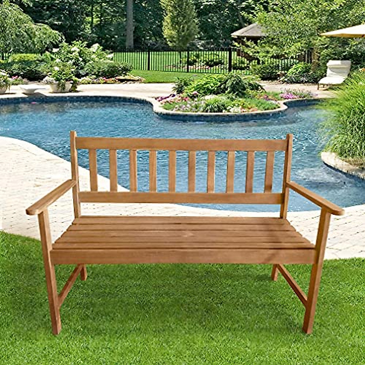 Outdoor Patio Bench Outdoor Patio Bench Wood Garden Bench with Armrests Sturdy Acacia Wood Front Porch Chair 705Lbs Weight Capacity Best Outdoor Wood Bench, Natural Oiled
