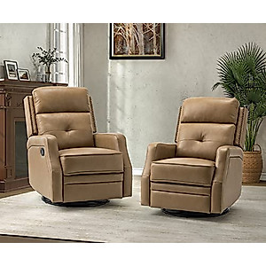 HULALA HOME Genuine Leather Swivel Rocker Recliners Set of 2 with Adjustable Backrest & Footrest, Manual Glider Recliners with 360° Swivel Base, Home Theater Sofa Chairs for Living Room, Taupe
