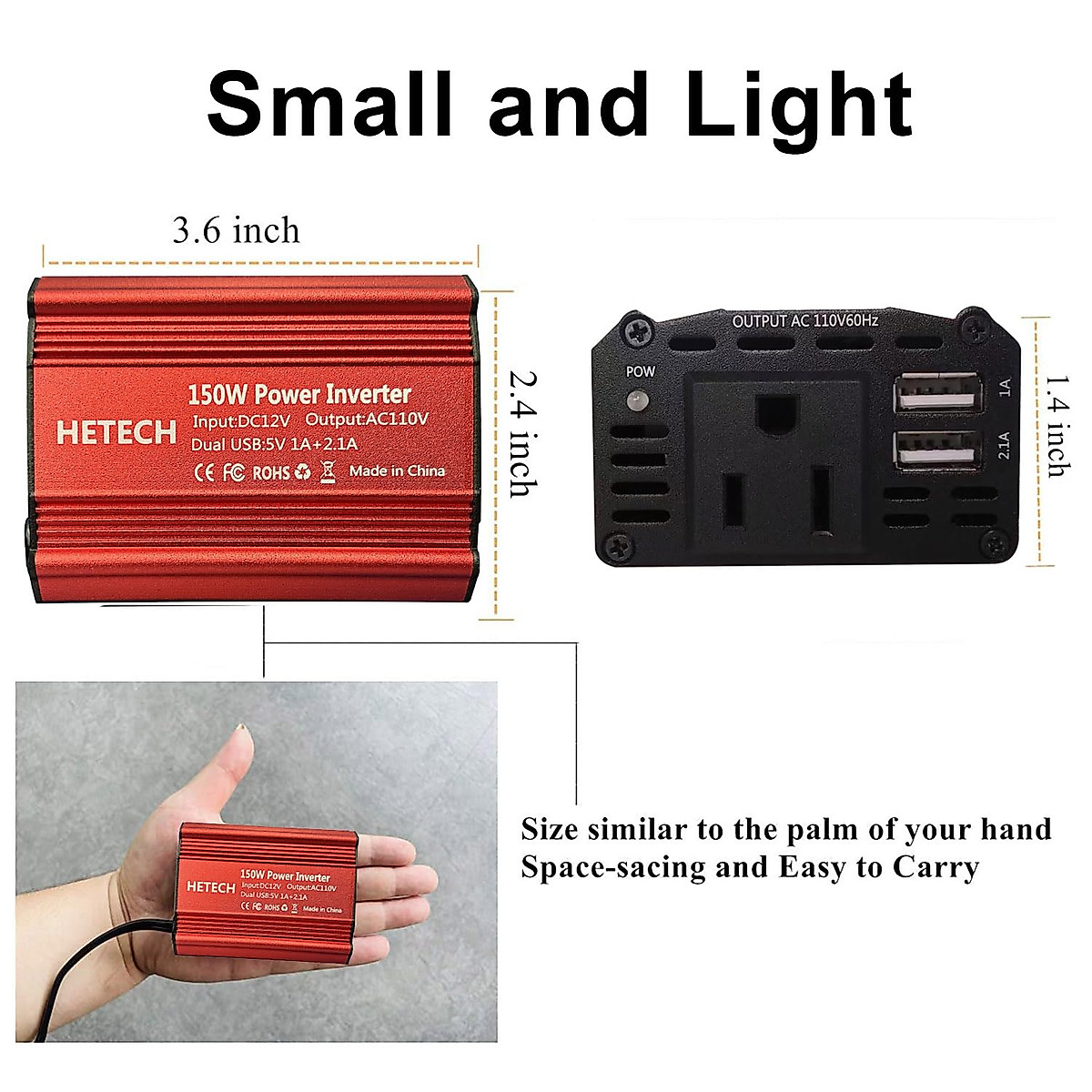 HETECH 150W Car Power Inverter 12V DC to 110V AC Converter Vehicle Adapter Plug Outlet with 3.1A Dual USB Car Charger with Cigarette Lighter Interface for Laptop Computer iPhone - Red