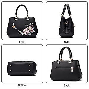 Embroidery Flowers Handbags for Women Ladies Tote Shoulder Bags PU Leather Satchel Top Handle Satchel Purse (Purple B)