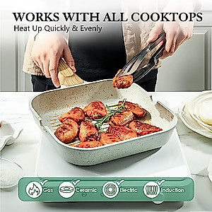 SENSARTE Nonstick Ceramic Grill Pan for Stove Tops, Versatile Square Grilling Pan with Pour Spouts, Durable Grill Skillet for All Stoves(Gas,Electric,Induction) Non Toxic-PTFE,PFAS,PFOA Free, 9.5Inch