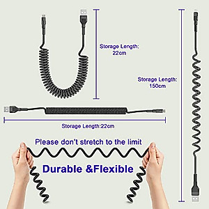 Coiled Lightning Cable Apple Carplay Compatible & MFi Certified, Short USB to Lightning Cable with Data Transmission and LED, Retractable iPhone Charger Cord for iPhone/Pad/Pod